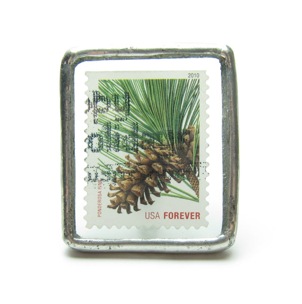Pine Cone Brooch Soldered Glass Postage Stamp Pin | Brown Eyed Rose