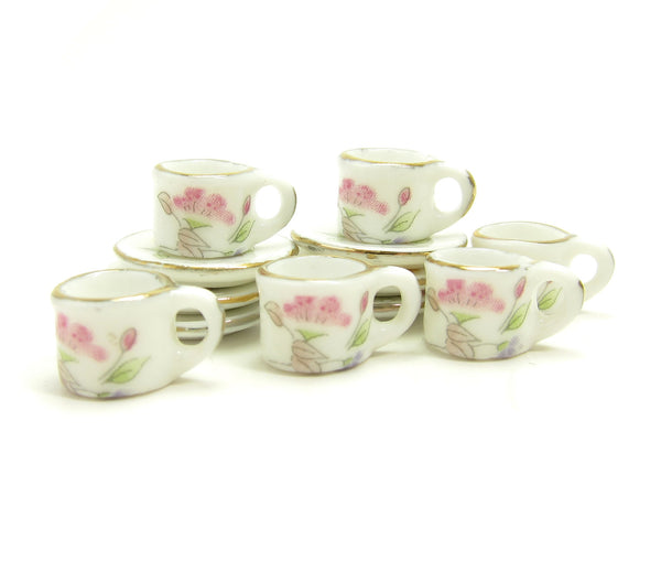 Miniature Dollhouse Tea Set - Teapot, Teacups White with Pink Flowers ...