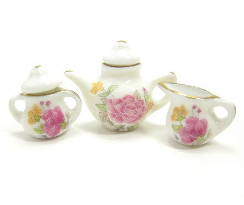 Miniature Dollhouse Tea Set - Teapot, Teacups White with Pink Flowers ...